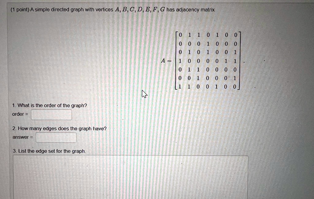 (1 point) A simple directed graph with vertices A, B, C, D, E, F, G has ...