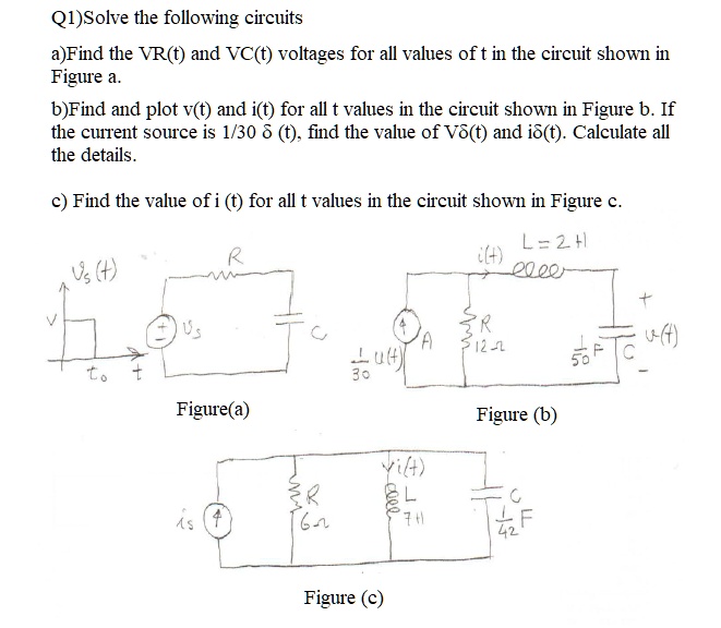 SOLVED: Q1) Solve the following circuits: a) Find the VR(t) and VC(t) voltages for all values of ...