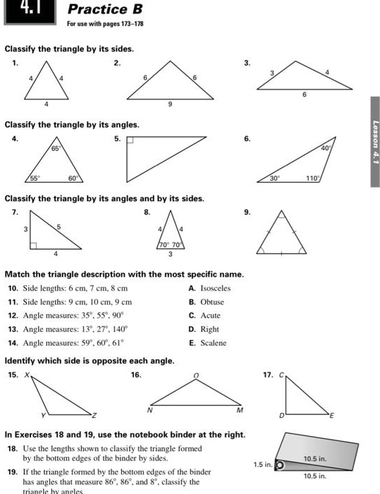 41 practice b for use with pages 173 it8 classify the triangle by its sides classify the ...