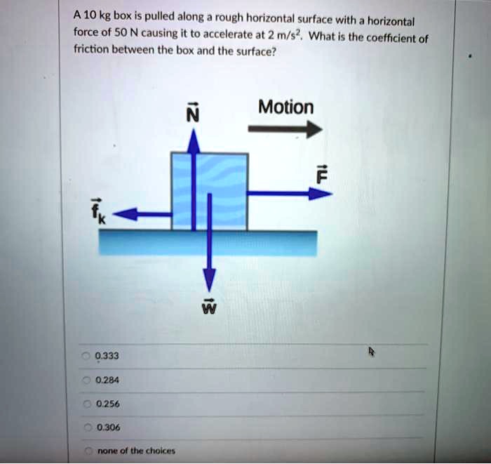 SOLVED: A 10 kg box is pulled along a rough horizontal surface with a horizontal force of 50 N ...