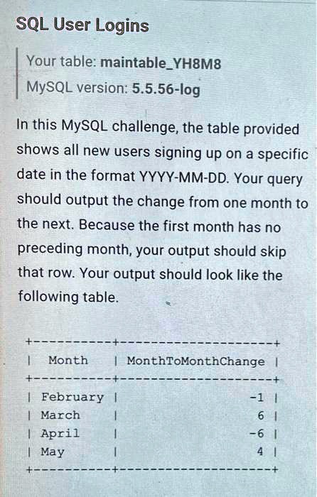SQL User Logins Your table: maintableYH8M8 MySQL version: 5.5.56-log In this MySQL challenge ...