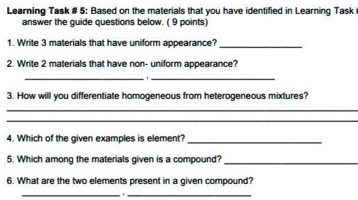 write 3 materials that have uniform appearance learning task 5 based on ...