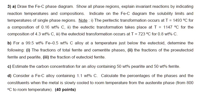 3) a) Draw the Fe-C phase diagram. Show all phase regions, explain ...