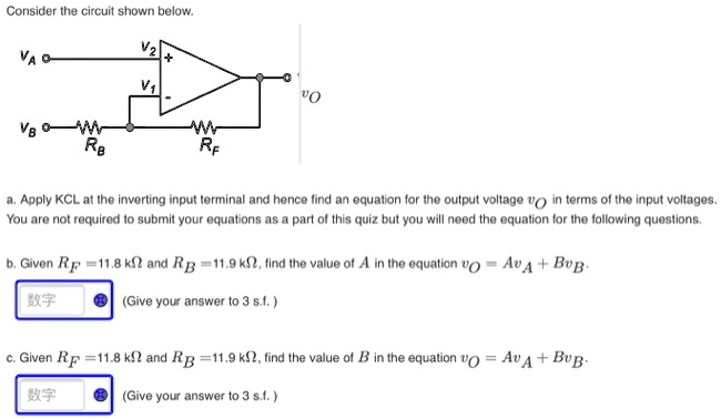 SOLVED: Consider the circuit shown below. VAO V Vg0 M RB W RF a. Apply KCL at the inverting ...