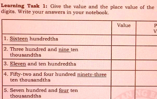 SOLVED: Place value po yung nasa gilid pasagot pi. Learning Task 1 ... SOLVED: Place value po yung nasa gilid pasagot pi. Learning Task 1 ...