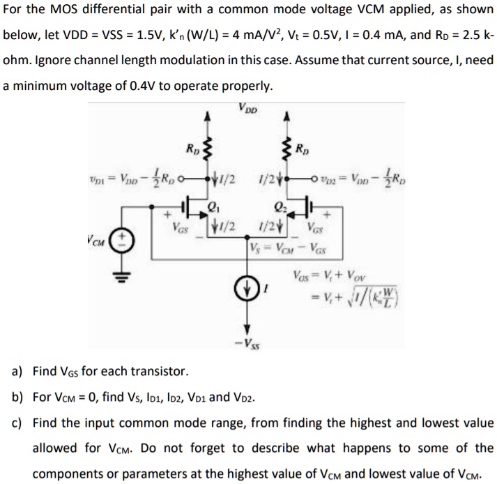 for the mos differential pair with a common mode voltage vcm applied as shown belowlet ...