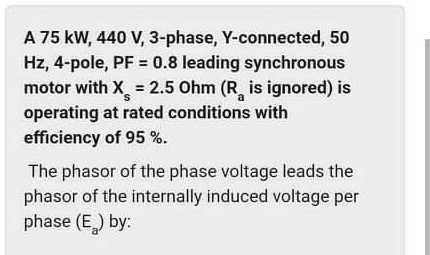 SOLVED: A 75 kW, 440 V 3-phase, Y-connected, 50 Hz, 4-pole, PF=0.8 ...
