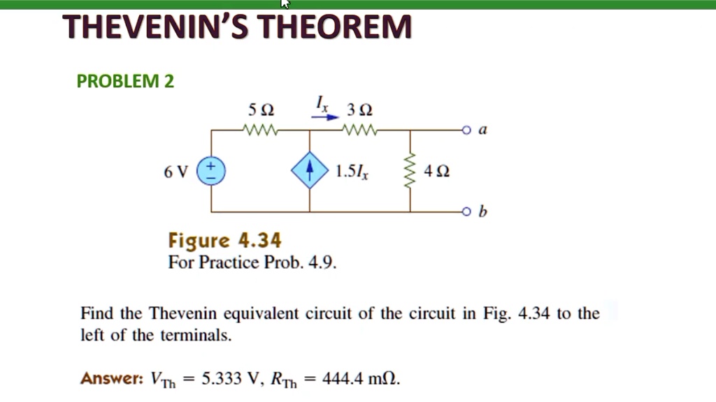 THEVENIN'S THEOREM PROBLEM 2 5 ( M 3 ( M 6 V 1S1, 49 Figure 4.34 For Practice Prob. 4.9 Find the ...