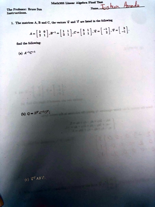 Name Joshua Amada Math202 Linear Algebra Final Test The Professor ...