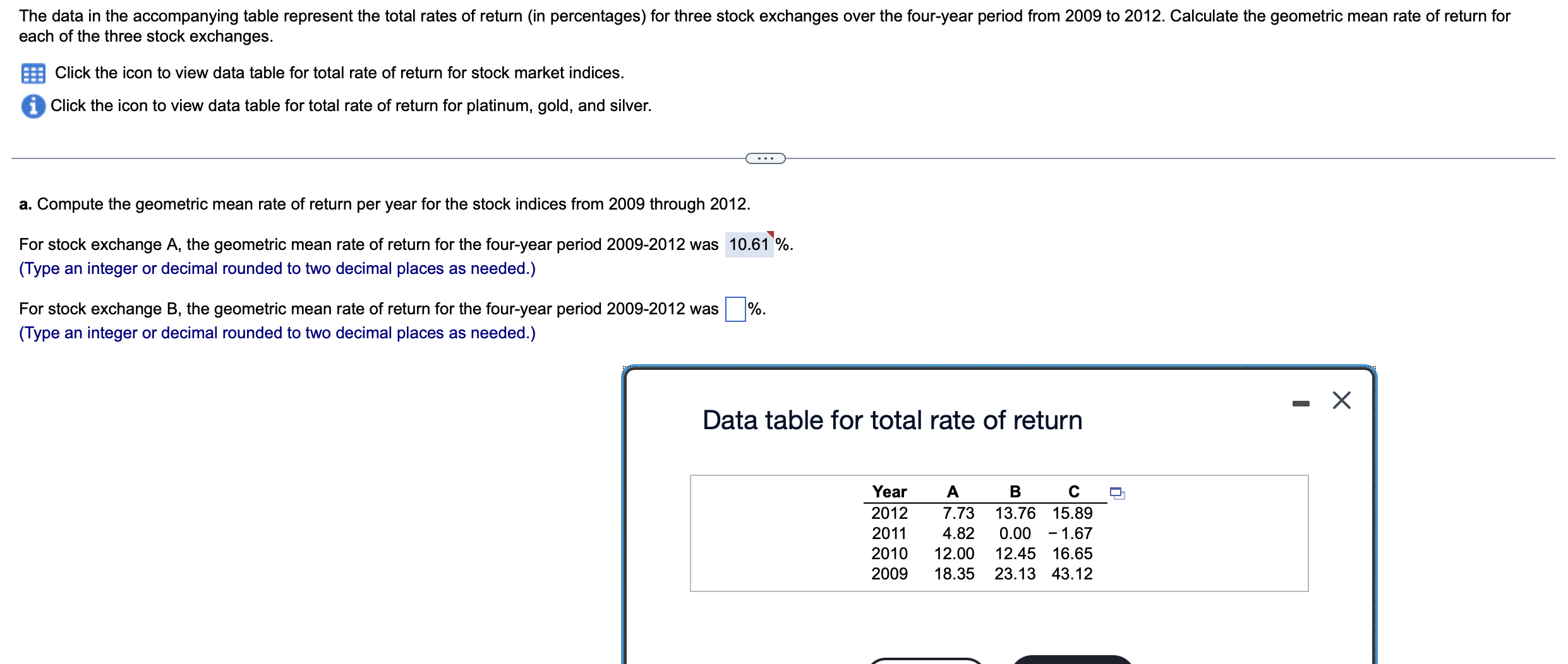 SOLVED: each of the three stock exchanges. Click the icon to view data table for total rate of ...