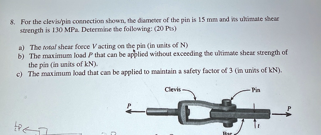 8. For the clevis/pin connection shown, the diameter of the pin is 15 ...