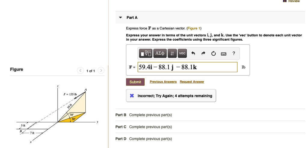 SOLVED: Part A Express force F as a Cartesian vector. (Figure 1 ... SOLVED: Part A Express force F as a Cartesian vector. (Figure 1 ...