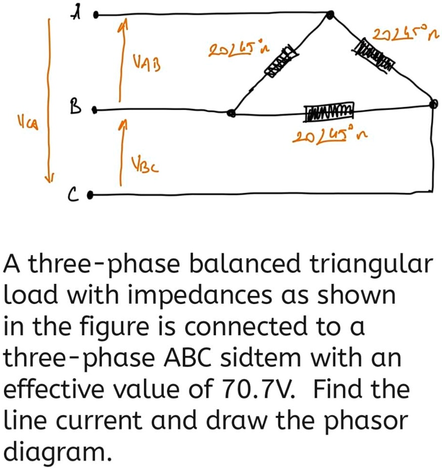 A three-phase balanced triangular load with impedances as shown in the figure is connected to a ...