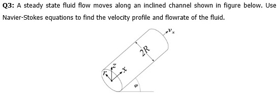 Q3: A steady state fluid flow moves along an inclined channel shown in figure below. Use Navier ...