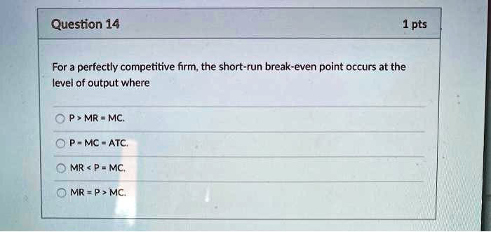 SOLVED: For a perfectly competitive firm, the short-run break-even ...