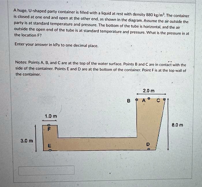 A huge, U-shaped party container is filled with a liquid at rest with ...