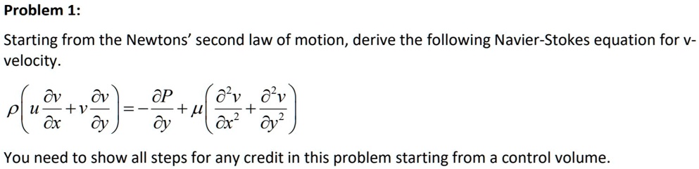 SOLVED: Problem 1: Starting from Newton's second law of motion, derive the following Navier ...