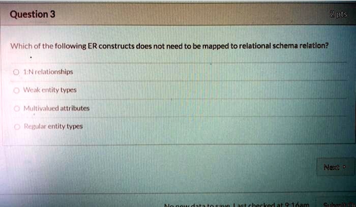 SOLVED: Which of the following ER constructs does not need to be mapped to a relational schema ...