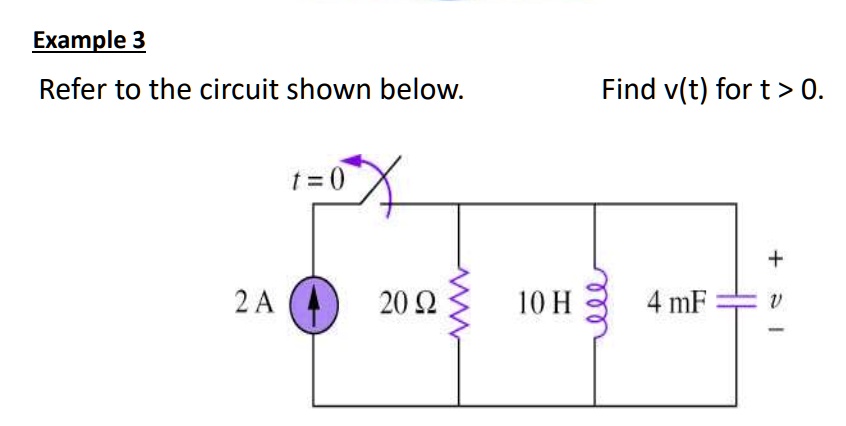 SOLVED: Refer to the circuit shown below. Find v(t) for t > 0. 2A 20Î© 10H 4mF
