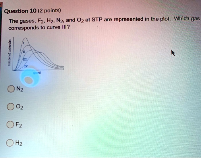 SOLVED: Question 10 (2 points) The gases, F2, H2, N2, and O2 at STP are ...