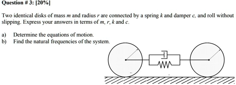 Question # 3: [20%] Two identical disks of mass m and radius r are connected by a spring k and ...