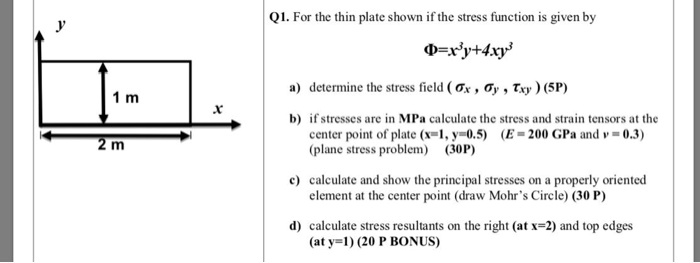 SOLVED: Q1. For the thin plate shown, if the stress function is given ...