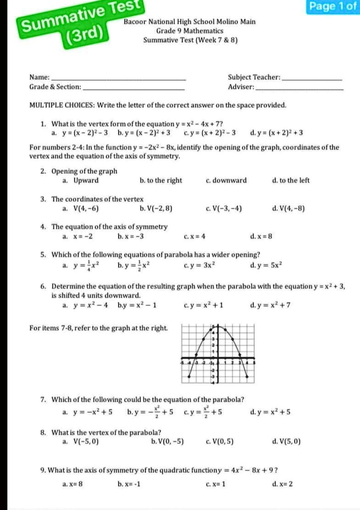 grade 9 math summative test week7 and 8 test summative bacoor natlonal ...