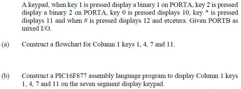 A keypad, when key 1 is pressed display a binary 1 on PORTA, key 2 is ...