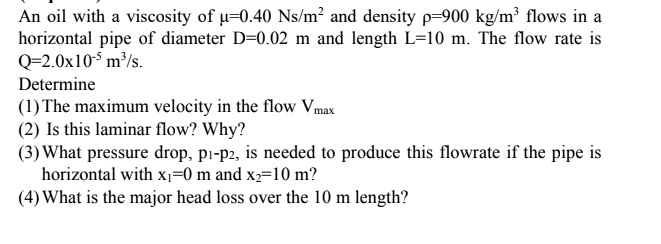 An oil with a viscosity of µ=0.40 Ns/m² and density p=900 kg/m³ flows ...