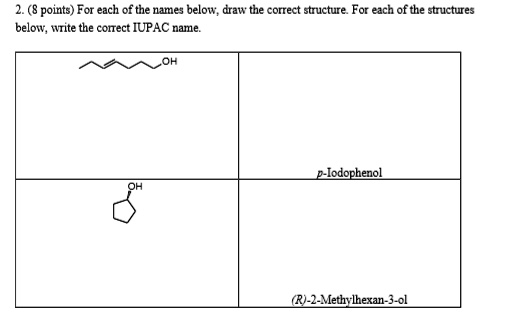 SOLVED: (8 points) For each of the names below, draw the correct structure. For each of the ...