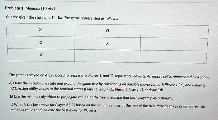 SOLVED: Problem 1: Minimax (10 pts.) You are given the state of a Tic-Tac-Toe game represented ...