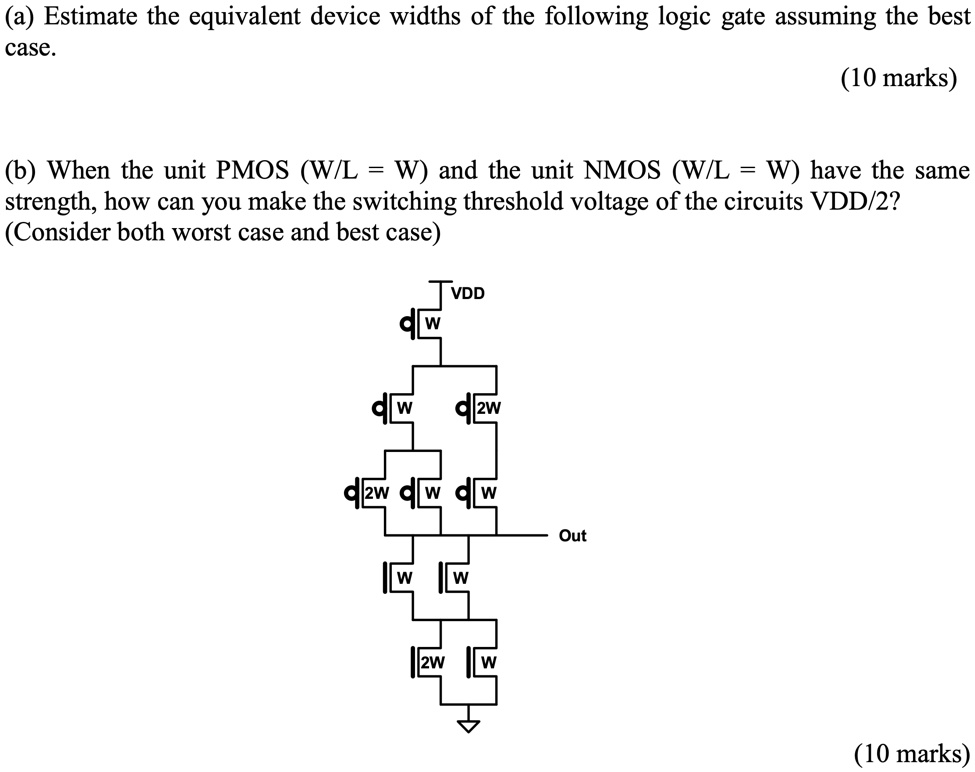 (a) Estimate the equivalent device widths of the following logic gate assuming the best case ...