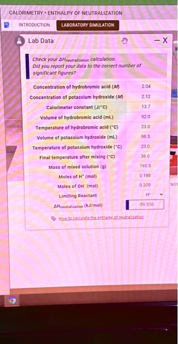 SOLVED: CALORIMETRY - ENTHALPY OF NEUTRALIZATION INTRODUCTION LABORATORY SIMULATION Lab Data -X ...