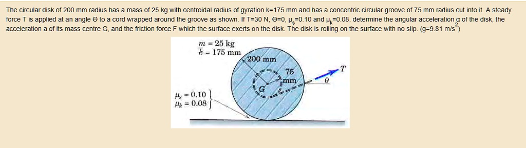 The circular disk of 200 mm radius has a mass of 25 kg with a ...