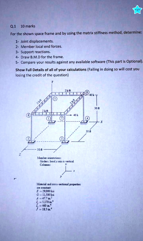 SOLVED: Q.1 10 marks For the shown space frame ad by using the matrix ...