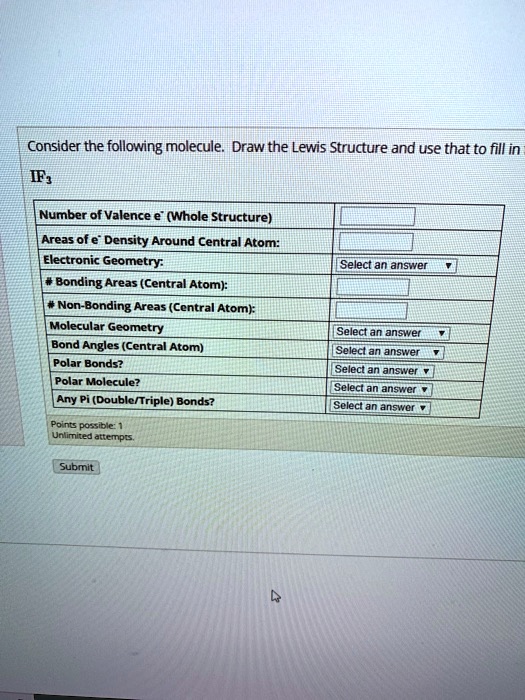 SOLVED: Consider the following molecule: Draw the Lewis Structure and use that to fill in IF ...