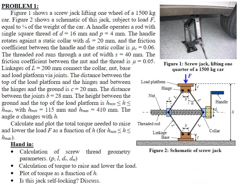 SOLVED: PROBLEM 1: Figure 1 shows a screw jack lifting one wheel of a 1500 kg car.Figure 2 shows ...