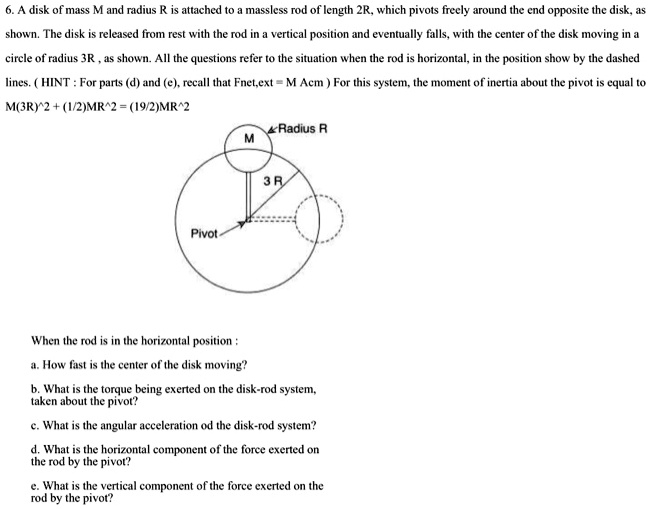 6. A disk of mass M and radius R is attached to a massless rod of ...