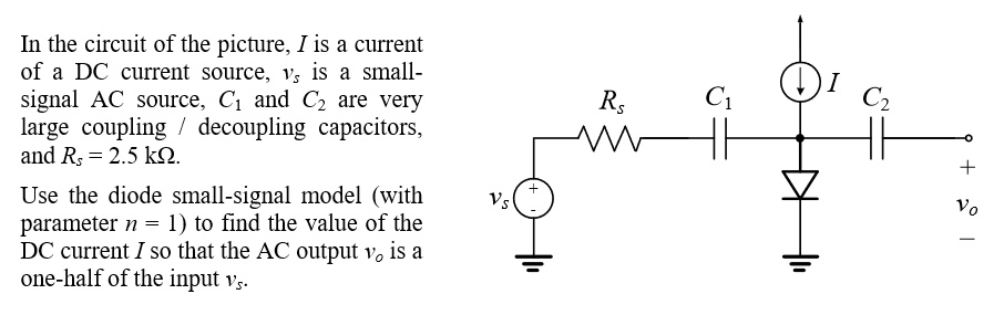 In the circuit of the picture, I is a current of a DC current source, vs is a small-signal AC ...