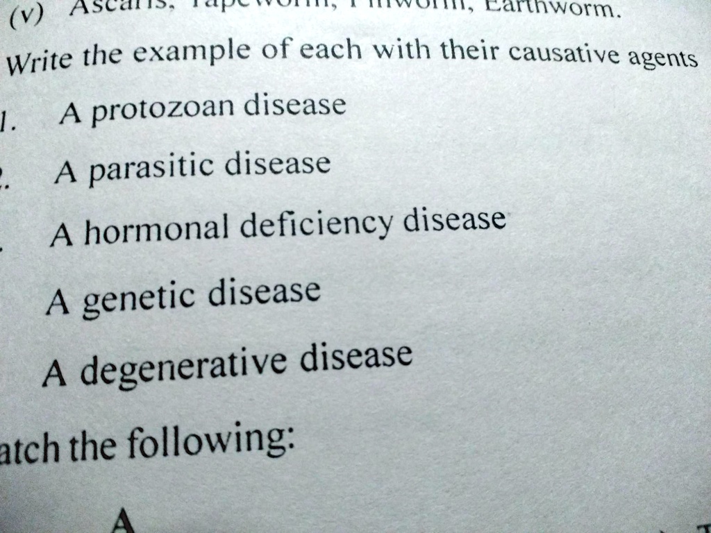 (v) Ascaris, Tapeworm, Pinworm, Earthworm. Write the example of each ...