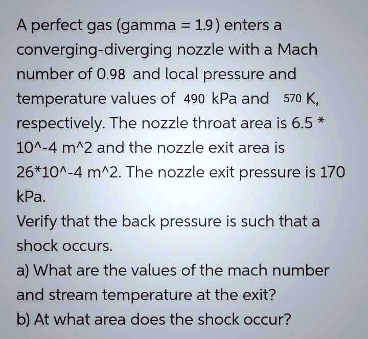 SOLVED: A perfect gas (gamma = 1.9) enters a converging-diverging ...