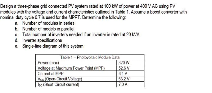 Design a three-phase grid connected PV system rated at 100 kW of power at 400 V AC using PV ...
