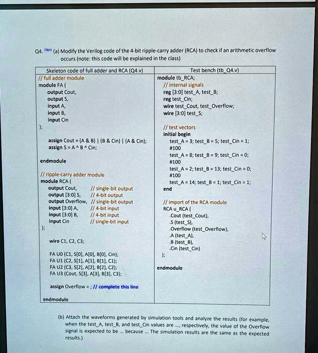 SOLVED: Q4.2 Modify the Verilog code of the 4-bit ripple-carry adder (RCA) to check if an ...