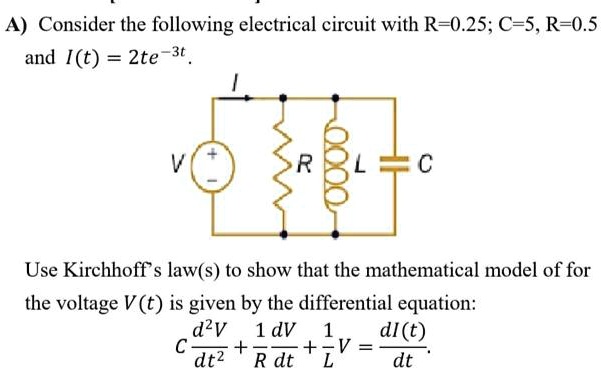 SOLVED: Consider the following electrical circuit with R=0.25, C=5, L=0.5, and I(t)=2te^(-3t ...