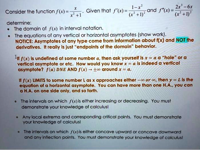 I-X 2x' 6x Given that f '(x) = and f"(x) +1) Consider the function f (x) determine: The domain ...