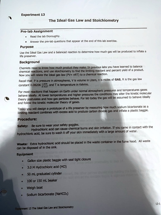 experiment 13 the ideal gas law and stoichiometry pre lab assignment ...