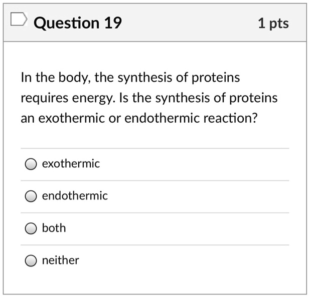 SOLVED: Question 19 1 pts In the body, the synthesis of proteins ... SOLVED: Question 19 1 pts In the body, the synthesis of proteins ...