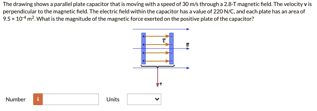 The drawing shows a parallel plate capacitor that is moving with a ...