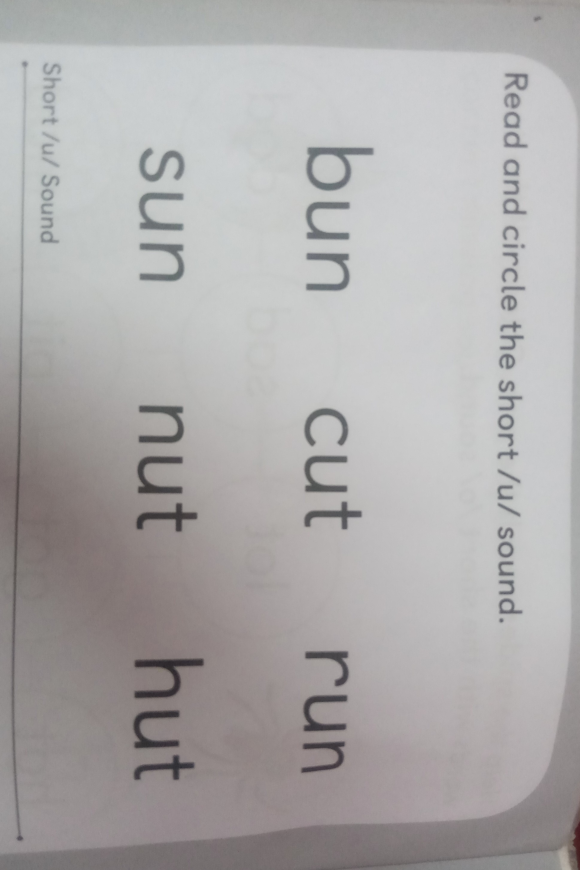 SOLVED: Read and circle the short/u/ sound. bun cut run sun nut hut ...