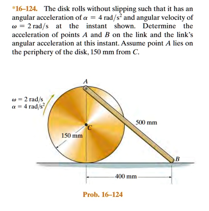 *16-124. The disk rolls without slipping such that it has an angular acceleration of α = 4 rad/s ...